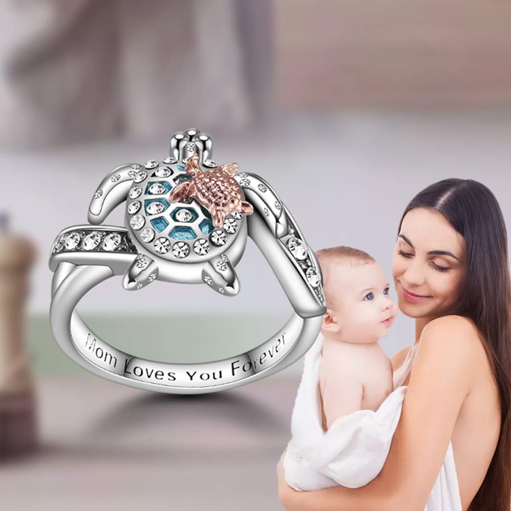 Daughter Mothers Ring with CZ Personalized Sea turtle Platinum Plating Rings for Mom Gift (JQWL) （Size:9）