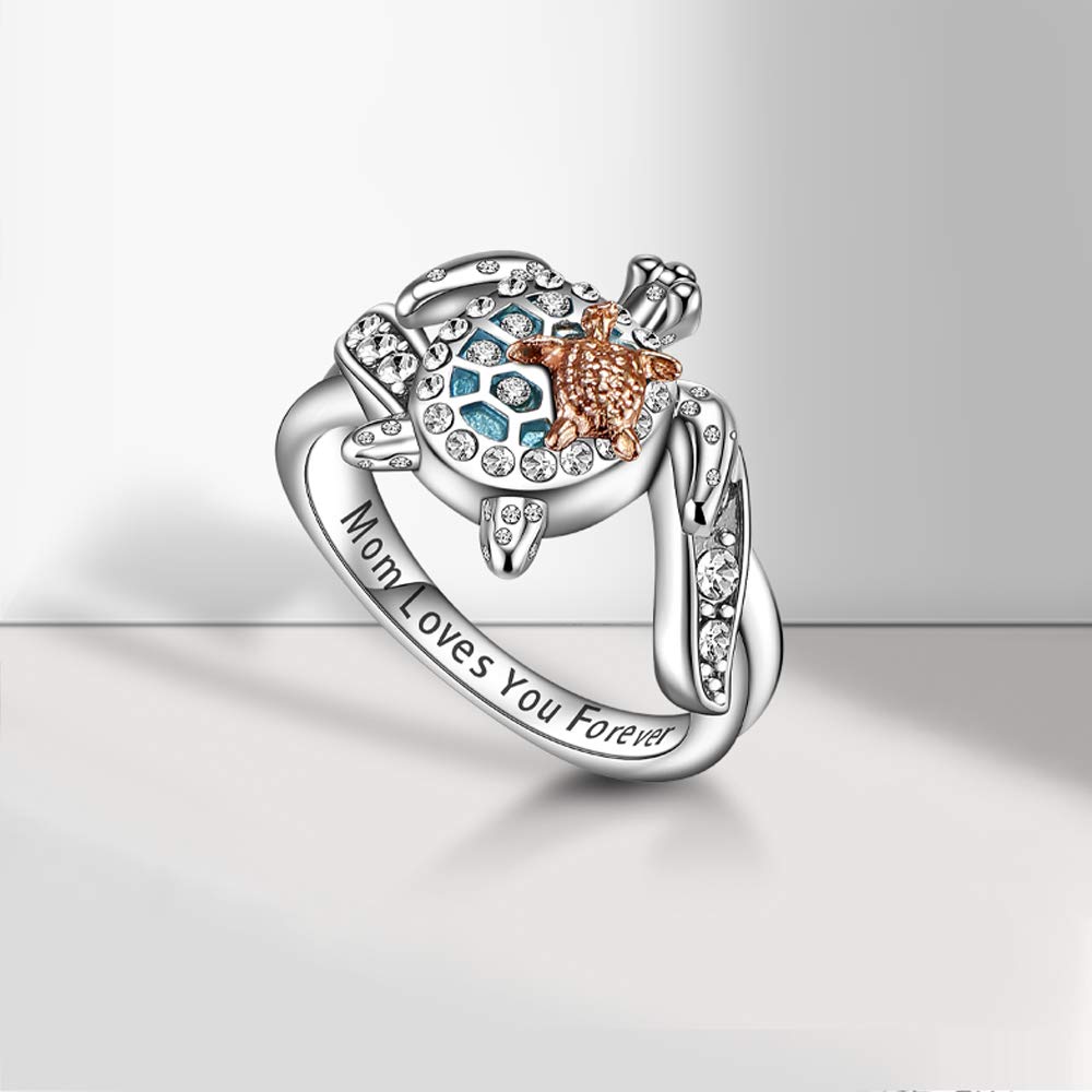 Daughter Mothers Ring with CZ Personalized Sea turtle Platinum Plating Rings for Mom Gift (JQWL) （Size:9）