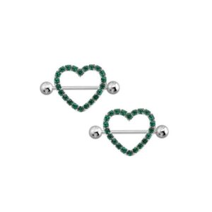 luxe modz green gem paved heart nipple shield ring piercing jewelry 14 gauge 3/4" length