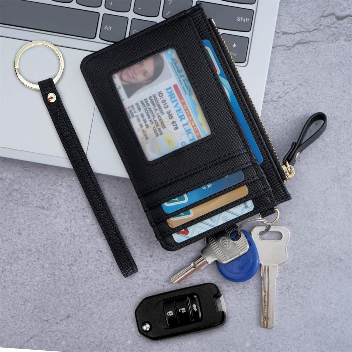 Aiyo Nice Women Slim RFID Card Case Holder Wristlet Zip ID Case Wallet Small Leather Wallet Coin Purse with Keychain (Black)