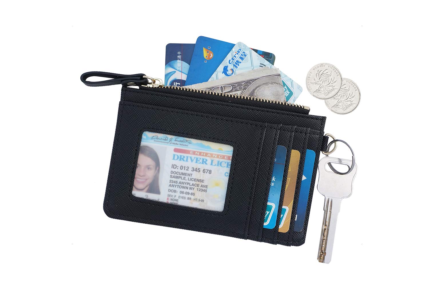 Aiyo Nice Women Slim RFID Card Case Holder Wristlet Zip ID Case Wallet Small Leather Wallet Coin Purse with Keychain (Black)