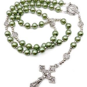 Nazareth Store Green Beads Rosary Necklace Catholic Pearl Beads Rosary with Miraculous Medal and Cross Crucifix