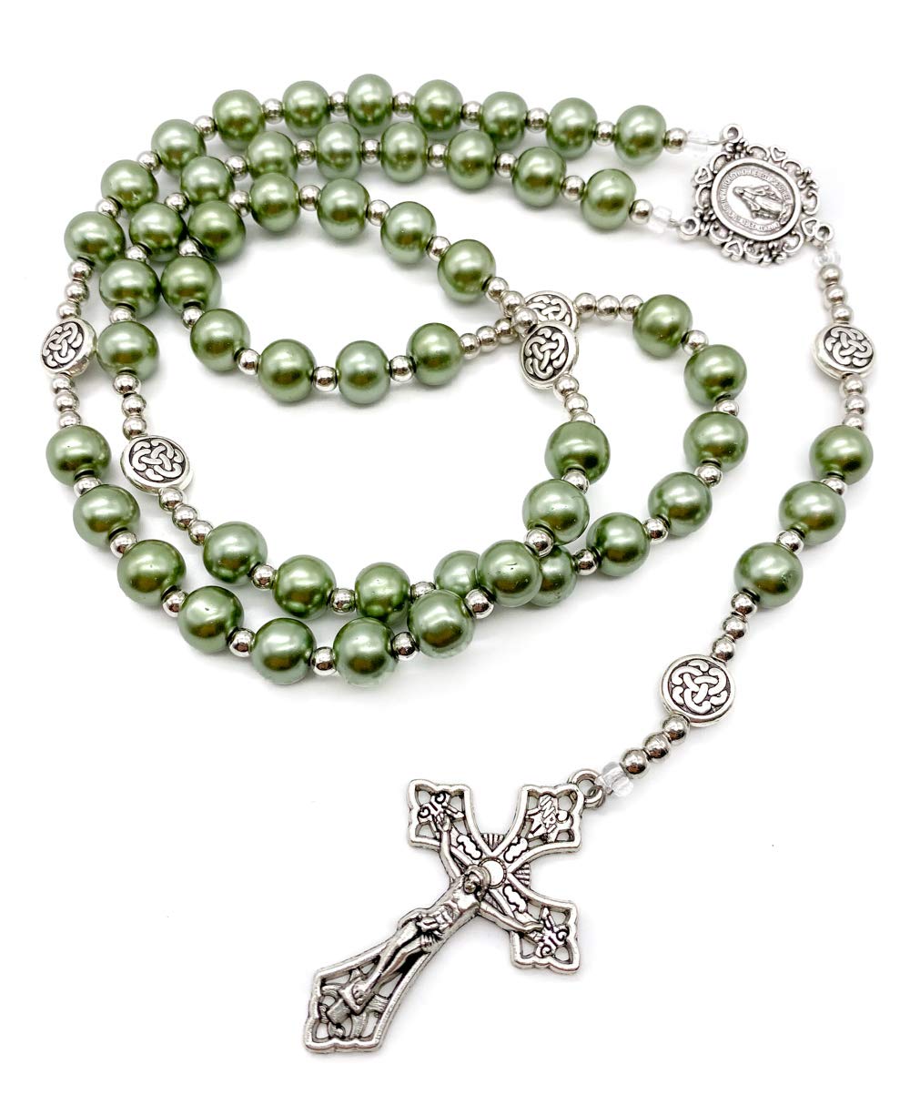 Nazareth Store Green Beads Rosary Necklace Catholic Pearl Beads Rosary with Miraculous Medal and Cross Crucifix