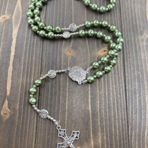 Nazareth Store Green Beads Rosary Necklace Catholic Pearl Beads Rosary with Miraculous Medal and Cross Crucifix