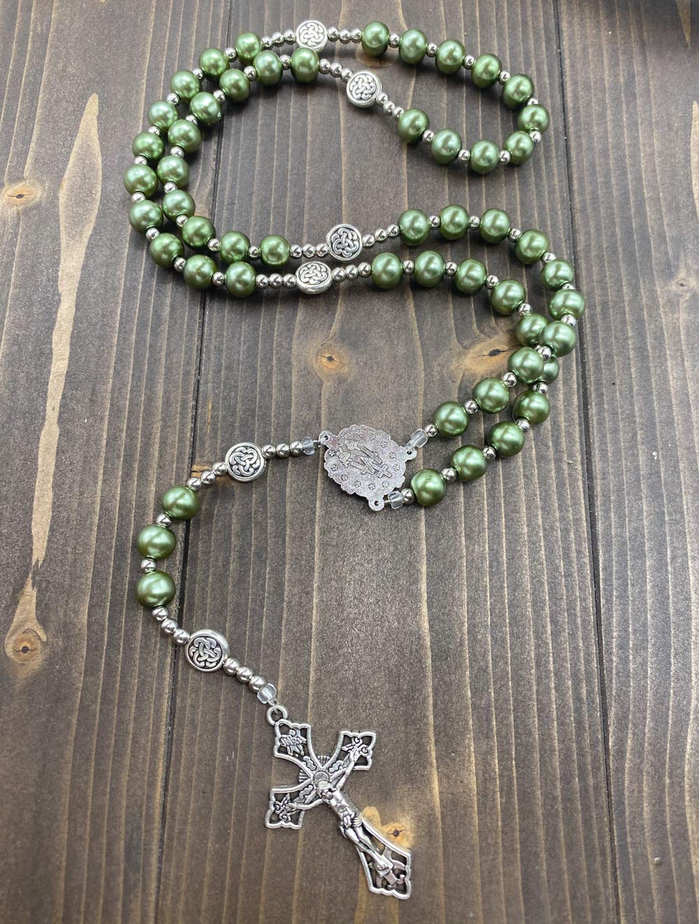 Nazareth Store Green Beads Rosary Necklace Catholic Pearl Beads Rosary with Miraculous Medal and Cross Crucifix