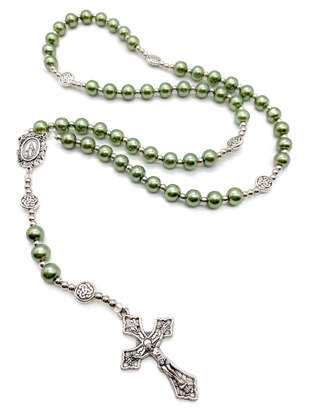 Nazareth Store Green Beads Rosary Necklace Catholic Pearl Beads Rosary with Miraculous Medal and Cross Crucifix