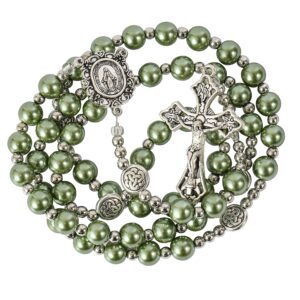 Nazareth Store Green Beads Rosary Necklace Catholic Pearl Beads Rosary with Miraculous Medal and Cross Crucifix