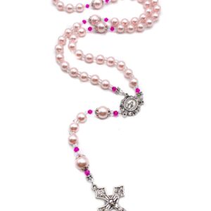 Nazareth Store Pink Pearl Beads Womens Rosary Handcrafted Beaded Necklace with Miraculous Medal and Jesus Cross