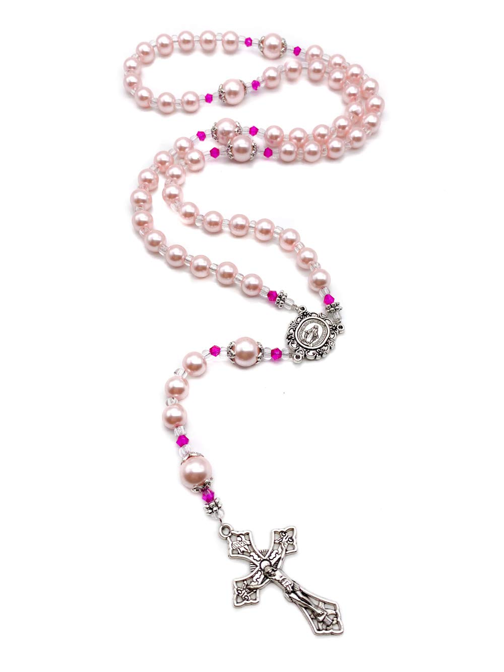 Nazareth Store Pink Pearl Beads Womens Rosary Handcrafted Beaded Necklace with Miraculous Medal and Jesus Cross