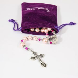 Nazareth Store Pink Pearl Beads Womens Rosary Handcrafted Beaded Necklace with Miraculous Medal and Jesus Cross