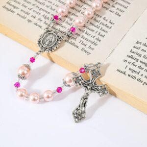 Nazareth Store Pink Pearl Beads Womens Rosary Handcrafted Beaded Necklace with Miraculous Medal and Jesus Cross