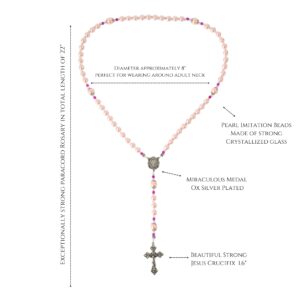 Nazareth Store Pink Pearl Beads Womens Rosary Handcrafted Beaded Necklace with Miraculous Medal and Jesus Cross