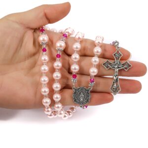 Nazareth Store Pink Pearl Beads Womens Rosary Handcrafted Beaded Necklace with Miraculous Medal and Jesus Cross