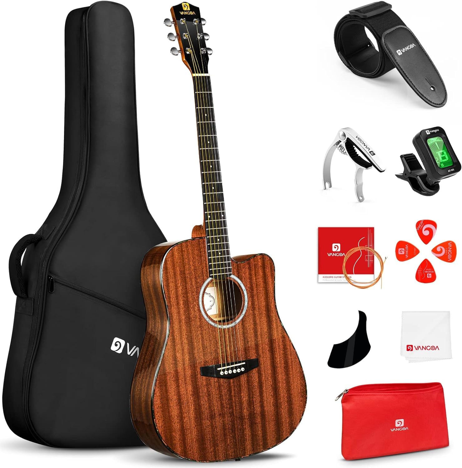 Acoustic Guitar, Cutaway Acoustic Guitar Dreadnought Full Size 41 Inch Acustica Guitarra Bundle with Gig Bag for Beginners Adults Teens Professionals, Glossy Sapele, by Vangoa