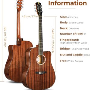 Acoustic Guitar, Cutaway Acoustic Guitar Dreadnought Full Size 41 Inch Acustica Guitarra Bundle with Gig Bag for Beginners Adults Teens Professionals, Glossy Sapele, by Vangoa