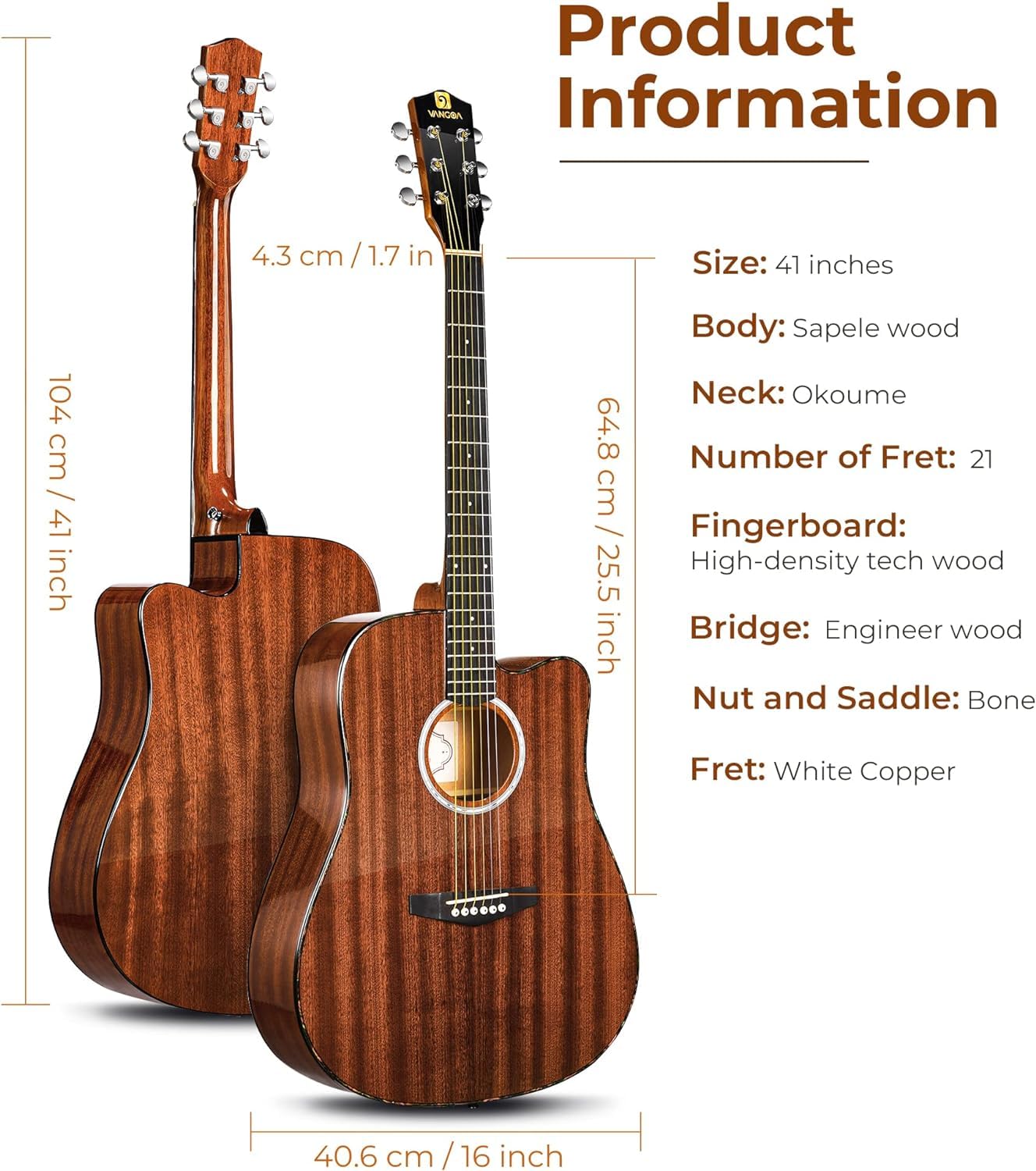 Acoustic Guitar, Cutaway Acoustic Guitar Dreadnought Full Size 41 Inch Acustica Guitarra Bundle with Gig Bag for Beginners Adults Teens Professionals, Glossy Sapele, by Vangoa