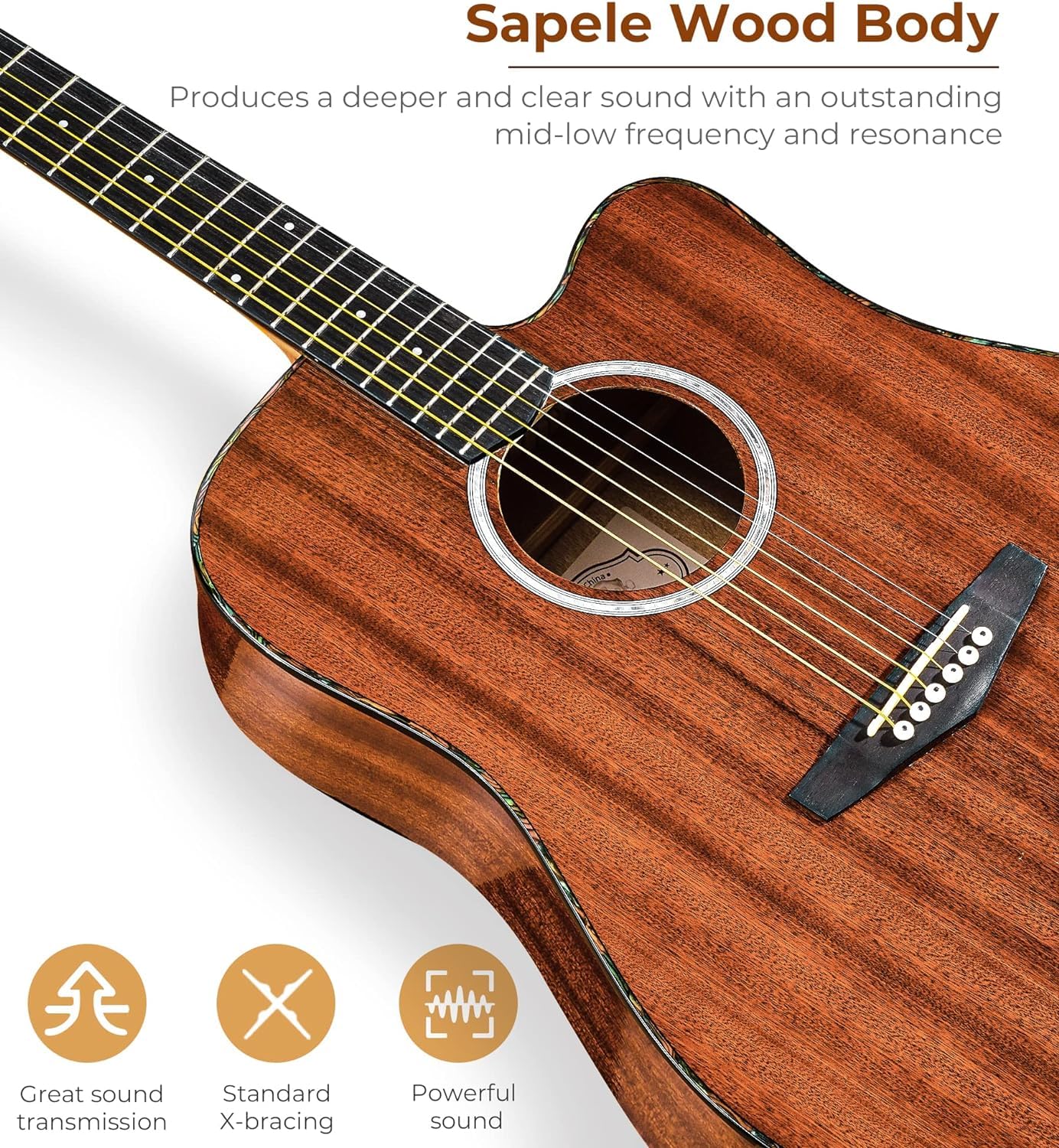 Acoustic Guitar, Cutaway Acoustic Guitar Dreadnought Full Size 41 Inch Acustica Guitarra Bundle with Gig Bag for Beginners Adults Teens Professionals, Glossy Sapele, by Vangoa