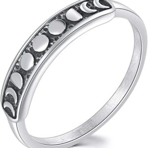 Jude Jewelers Retro Vintage Stainless Steel Moon Phase Shape Crescent Stacking Wedding Band Promise Ring (Silver, 7)