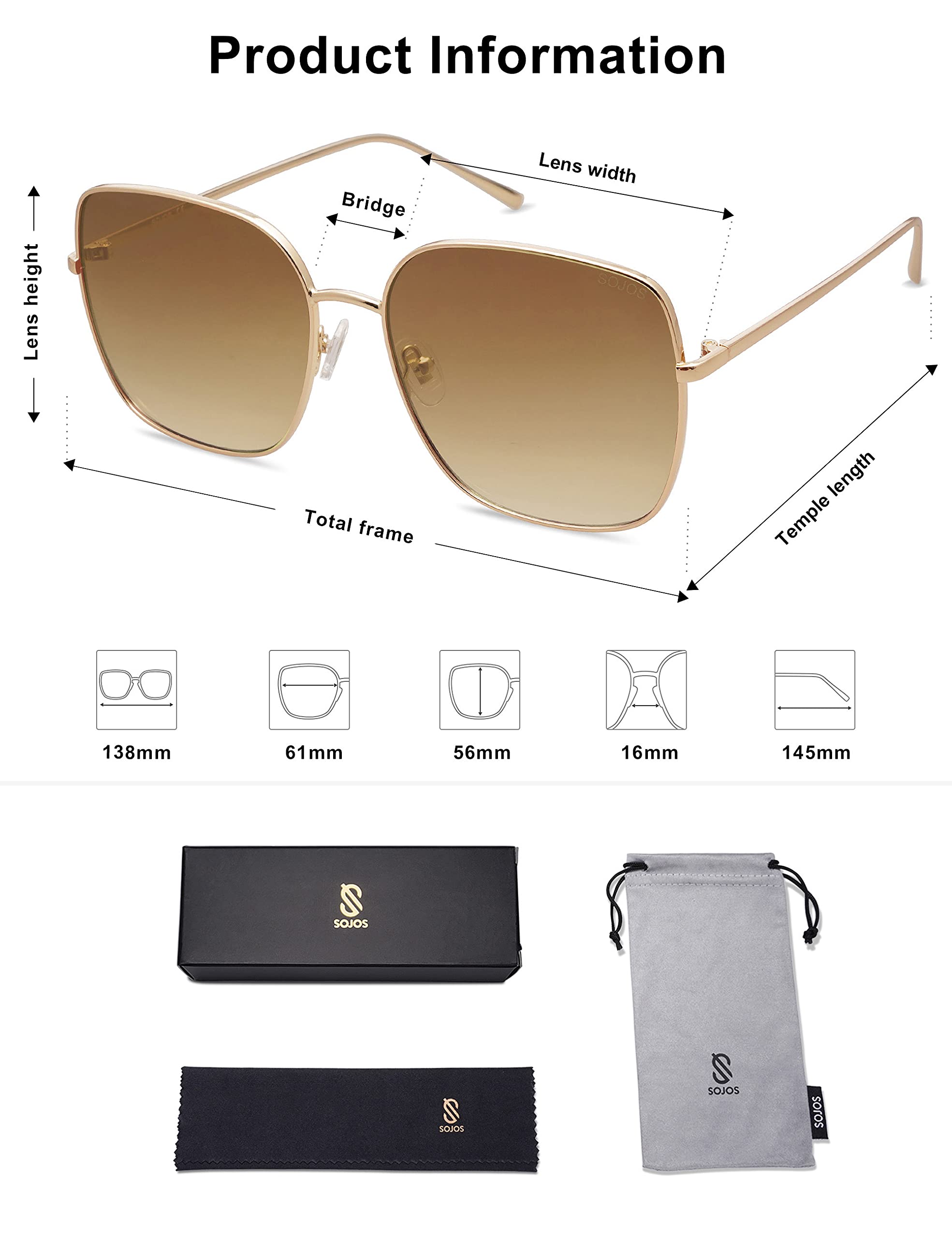 SOJOS Trendy Oversized Square Sunglasses for Women Men Flat Mirrored Lens UV Protection SJ1146 with Bright Gold Metal Frame/Brown Grading Lens