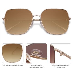 SOJOS Trendy Oversized Square Sunglasses for Women Men Flat Mirrored Lens UV Protection SJ1146 with Bright Gold Metal Frame/Brown Grading Lens