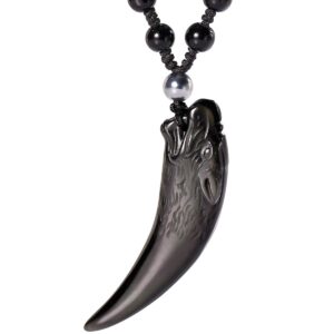 jewever black obsidian wolf tooth necklace natural stone healing crystal pendant with extend bead chain unisex