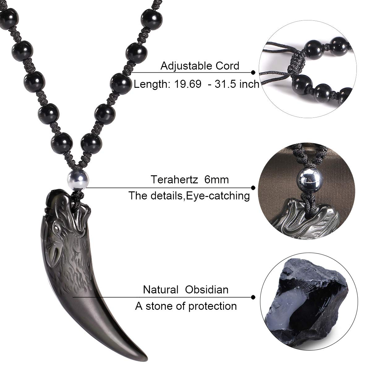 Jewever Black Obsidian Wolf Tooth Necklace Natural Stone Healing Crystal Pendant with Extend Bead Chain Unisex