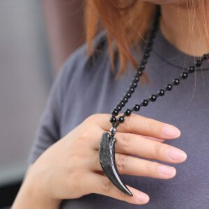 Jewever Black Obsidian Wolf Tooth Necklace Natural Stone Healing Crystal Pendant with Extend Bead Chain Unisex