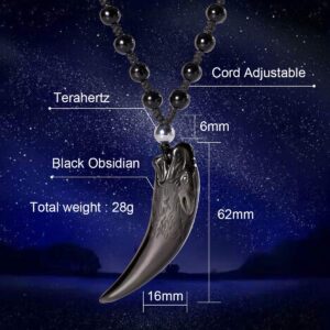 Jewever Black Obsidian Wolf Tooth Necklace Natural Stone Healing Crystal Pendant with Extend Bead Chain Unisex