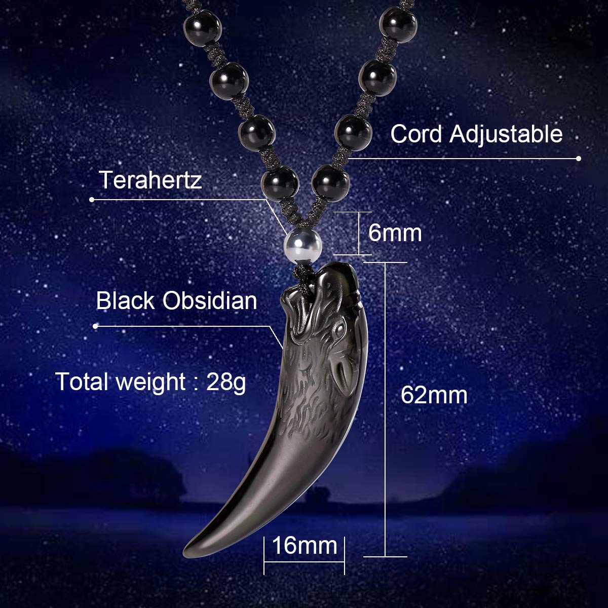 Jewever Black Obsidian Wolf Tooth Necklace Natural Stone Healing Crystal Pendant with Extend Bead Chain Unisex