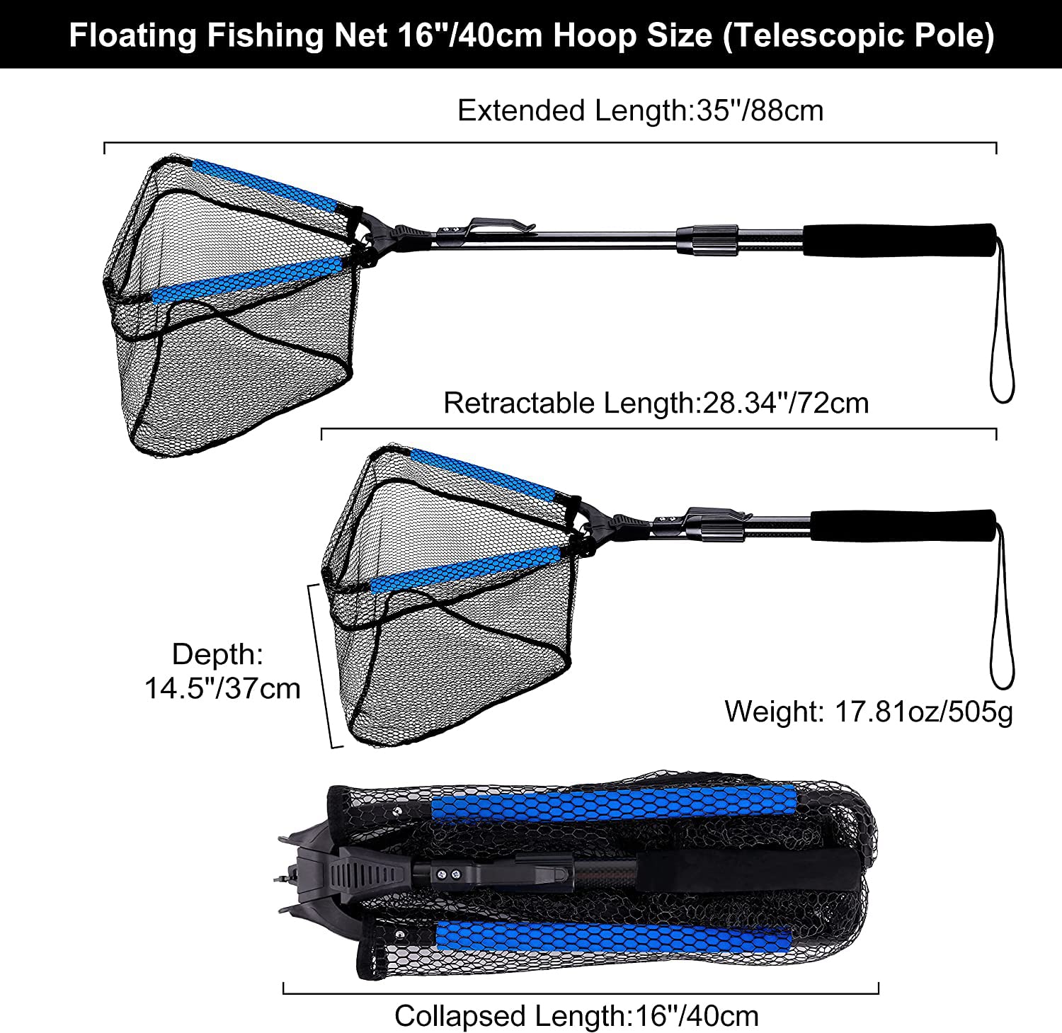 PLUSINNO Floating Fishing Net for Fly, Kayak, Catfish, Bass,Steelhead, Salmon, Trout Fishing, Portable Foldable Collapsible Telescopic Fish Landing Net, Fishing Gifts for Men Dad Grandpa