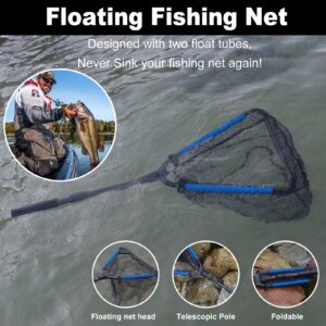 PLUSINNO Floating Fishing Net for Fly, Kayak, Catfish, Bass,Steelhead, Salmon, Trout Fishing, Portable Foldable Collapsible Telescopic Fish Landing Net, Fishing Gifts for Men Dad Grandpa