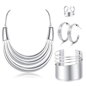 joerica bib choker necklace silver jewelry set wide cuff bangle bracelet open hoop earrings adjustable ring chunky silver statement costume jewelry set for women