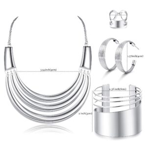 JOERICA Bib Choker Necklace Silver Jewelry Set Wide Cuff Bangle Bracelet Open Hoop Earrings Adjustable Ring Chunky Silver Statement Costume Jewelry Set for Women