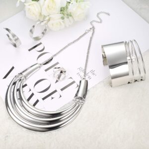 JOERICA Bib Choker Necklace Silver Jewelry Set Wide Cuff Bangle Bracelet Open Hoop Earrings Adjustable Ring Chunky Silver Statement Costume Jewelry Set for Women