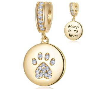 always in my heart sparkling paw print dangle charm, 925 sterling silver dog cat charms, beads with cz stones compatible with pandora charm bracelet necklace, gift for women/wife/mother/pet lover