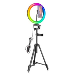 neewer 10" rgb ring light with tripod stand & 2 phone holders, dimmable selfie ring light with 29 colors modes for makeup/live streaming/youtube/tiktok/video shooting, rgb10-h