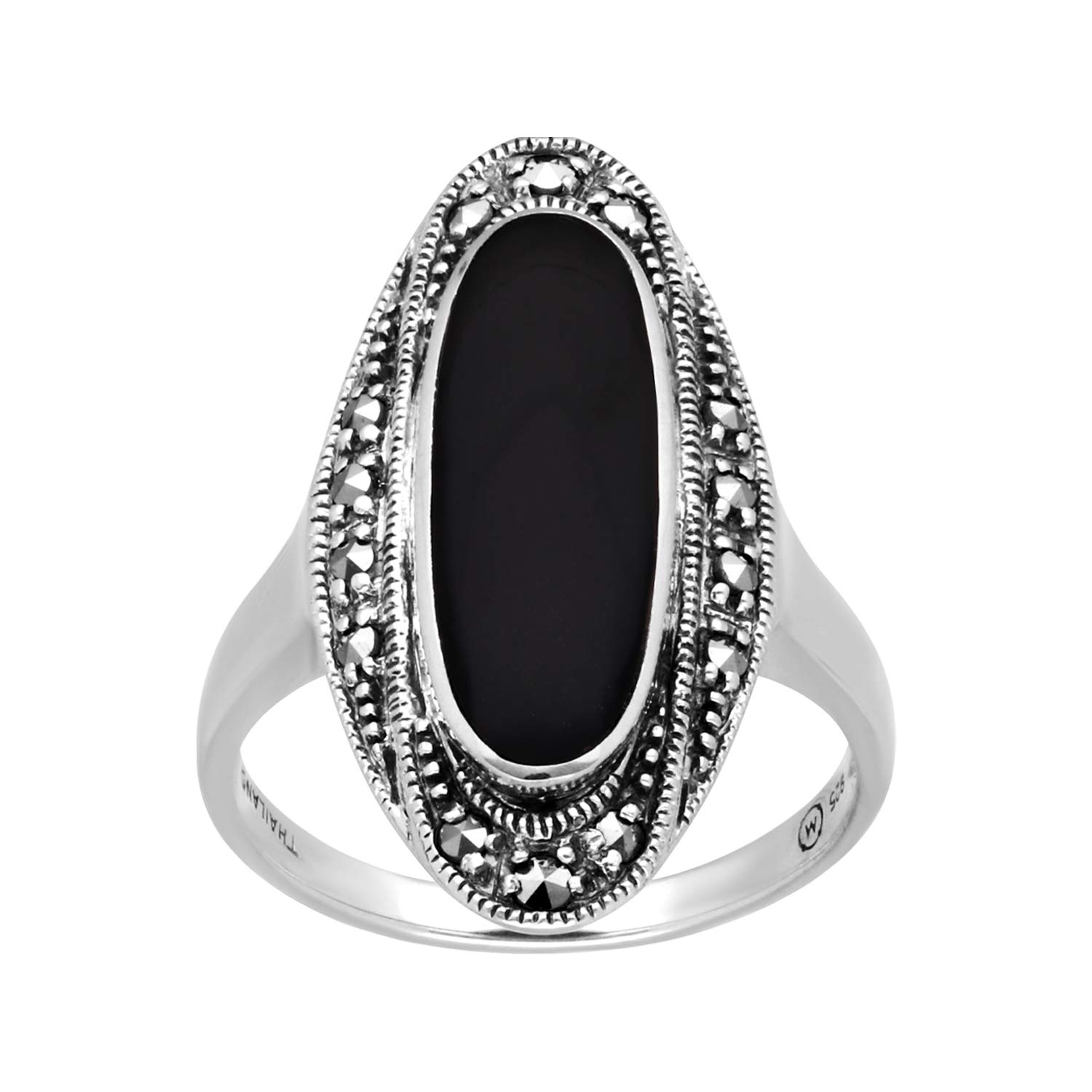 Gemondo USA 925 Sterling Large Oval Silver Black Onyx and Marcasite Statement Ring