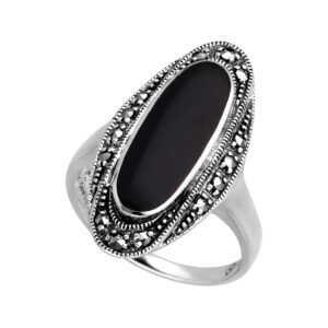 Gemondo USA 925 Sterling Large Oval Silver Black Onyx and Marcasite Statement Ring