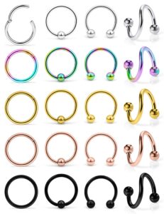 dyknasz 20pcs 16g twisted spiral barbell hinged segment clicker rings cartilage helix daith tragus earring surgical steel lip labret hoop rings piercing jewelry for women men 8mm 5/16