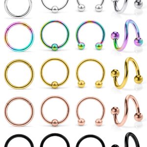 Dyknasz 20PCS 16G Twisted Spiral Barbell Hinged Segment Clicker Rings Cartilage Helix Daith Tragus Earring Surgical Steel Lip Labret Hoop Rings Piercing Jewelry for Women Men 8mm 5/16