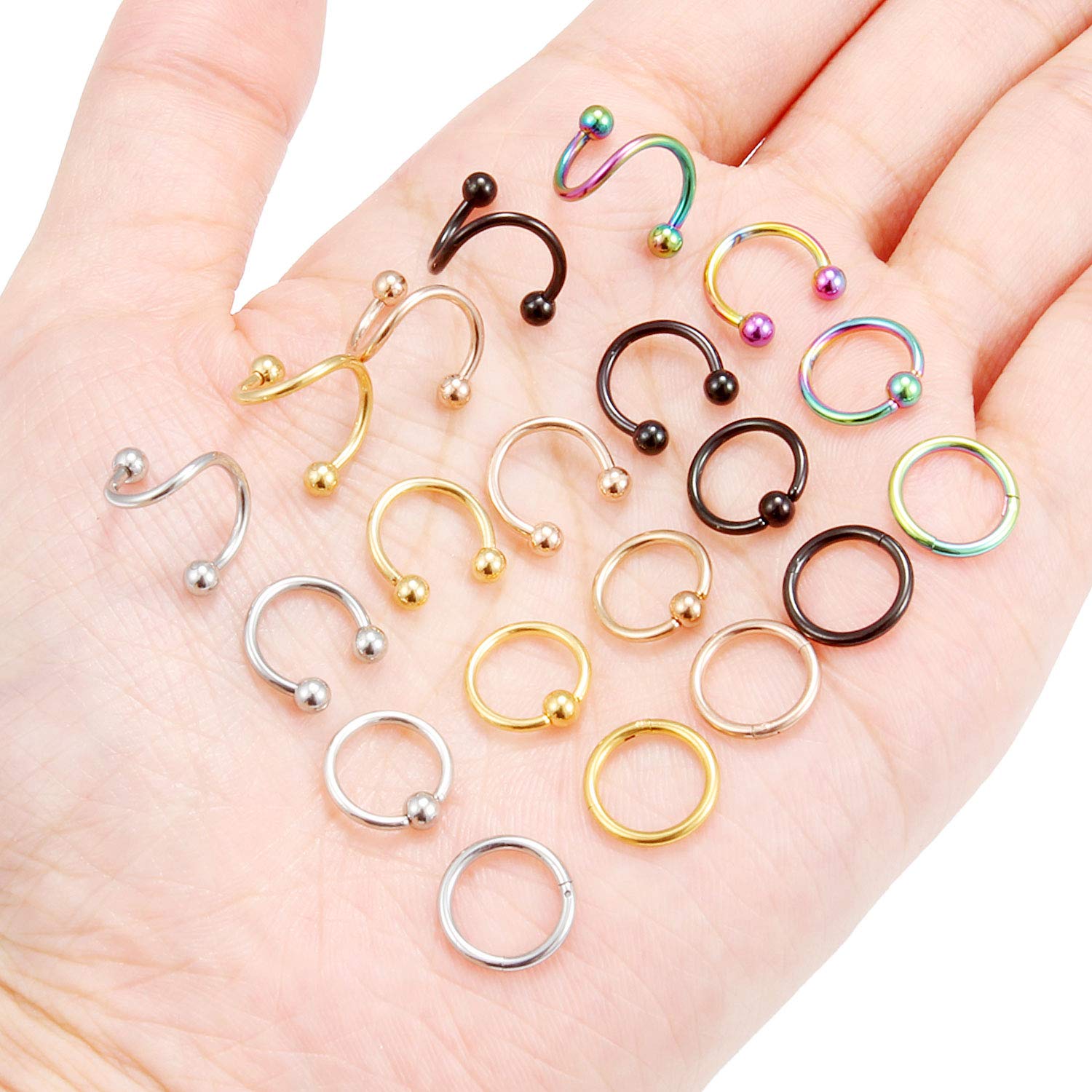 Dyknasz 20PCS 16G Twisted Spiral Barbell Hinged Segment Clicker Rings Cartilage Helix Daith Tragus Earring Surgical Steel Lip Labret Hoop Rings Piercing Jewelry for Women Men 8mm 5/16