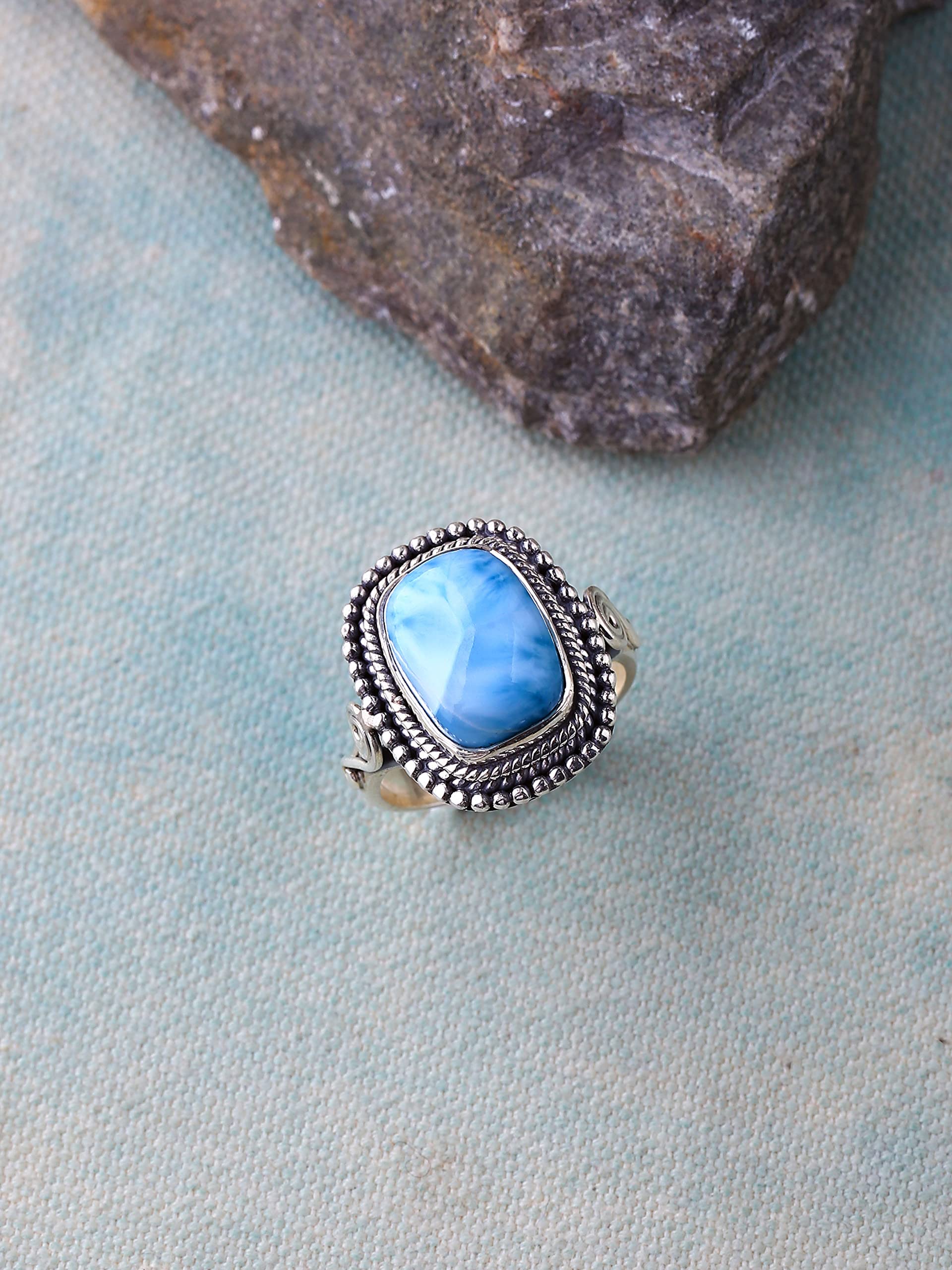 YoTreasure Natural Larimar Solid 925 Sterling Silver Ring Jewelry