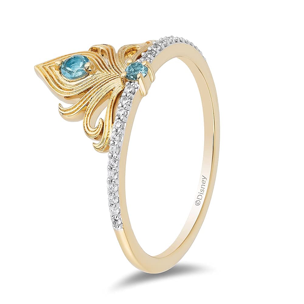 Jewelili Enchanted Disney Fine Jewelry 14K Yellow Gold Over Sterling Silver Round Swiss Blue Topaz and 1/10 Cttw Natural White Round Diamond Jasmine Ring, Size 7