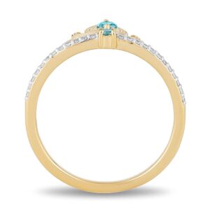 Jewelili Enchanted Disney Fine Jewelry 14K Yellow Gold Over Sterling Silver Round Swiss Blue Topaz and 1/10 Cttw Natural White Round Diamond Jasmine Ring, Size 7