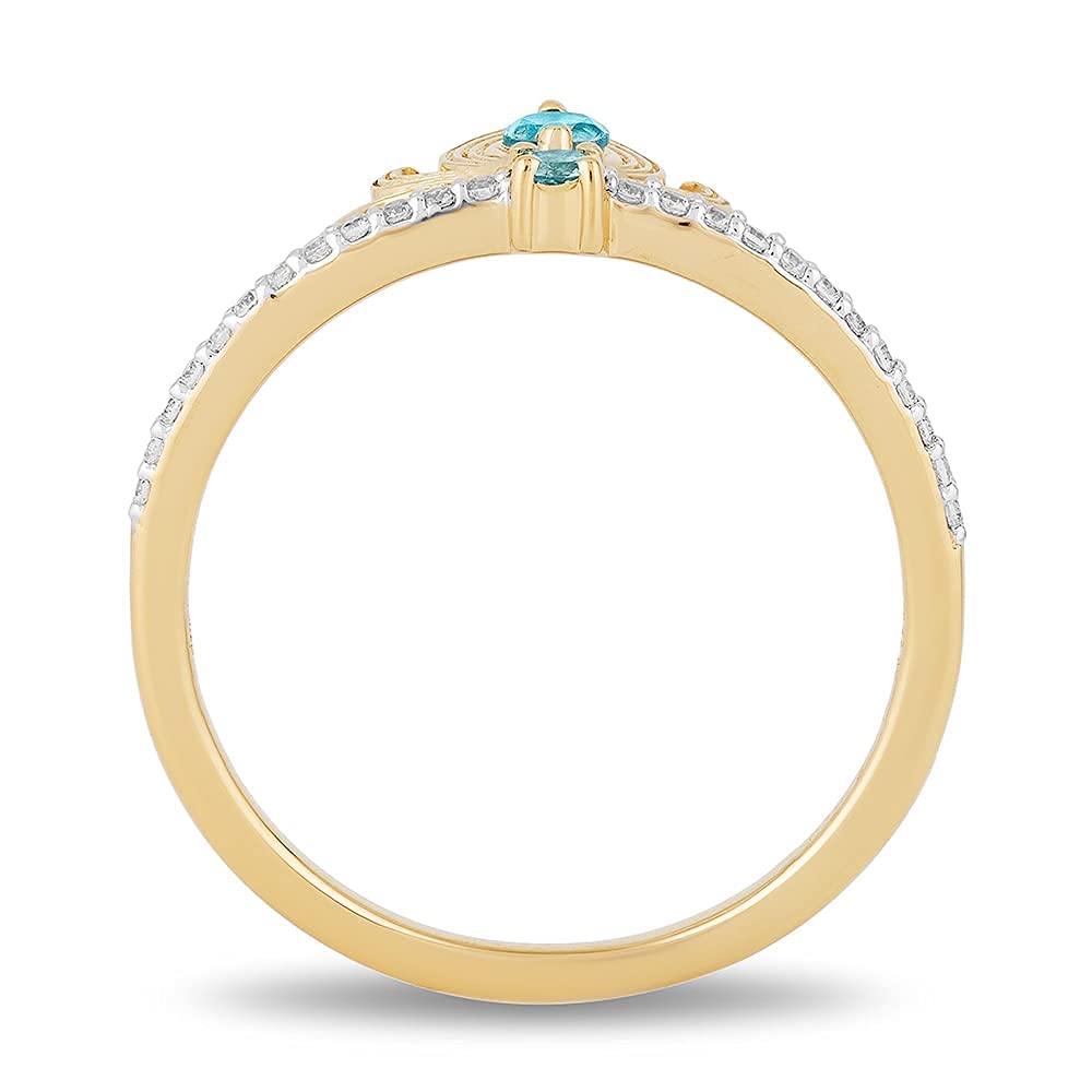 Jewelili Enchanted Disney Fine Jewelry 14K Yellow Gold Over Sterling Silver Round Swiss Blue Topaz and 1/10 Cttw Natural White Round Diamond Jasmine Ring, Size 7