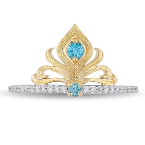 Jewelili Enchanted Disney Fine Jewelry 14K Yellow Gold Over Sterling Silver Round Swiss Blue Topaz and 1/10 Cttw Natural White Round Diamond Jasmine Ring, Size 7