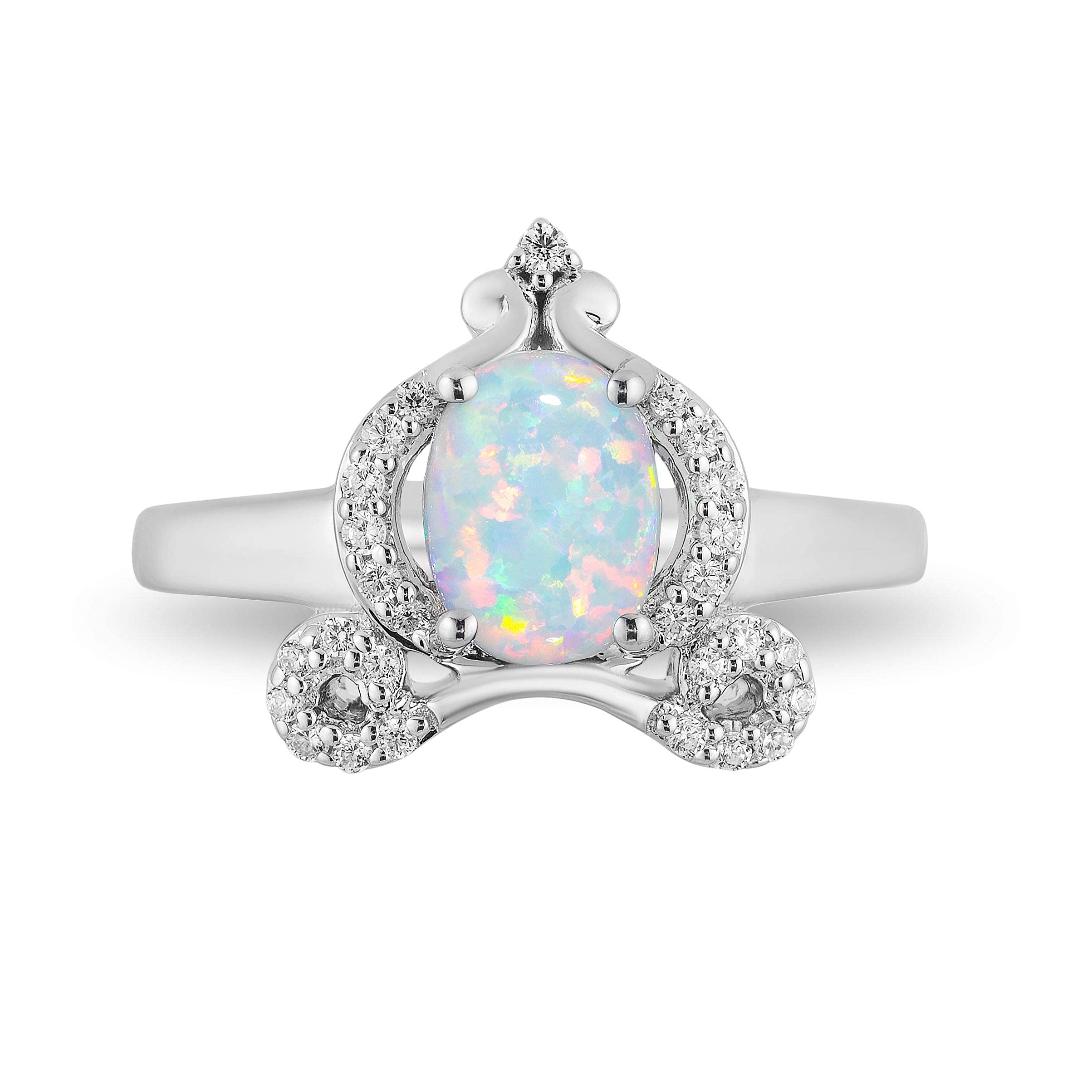 Jewelili Enchanted Disney Fine Jewelry Sterling Silver 1/6cttw and Lab Created Opal Cinderella Carriage Ring