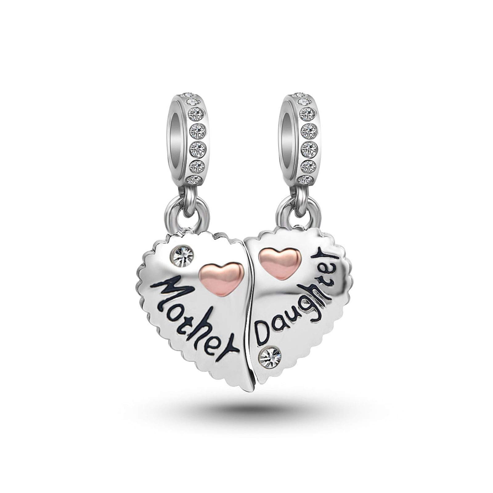 KunBead Heart Love Mother and Daughter Dangle Charms for Bracelets Birthday Gift for Mom for Women