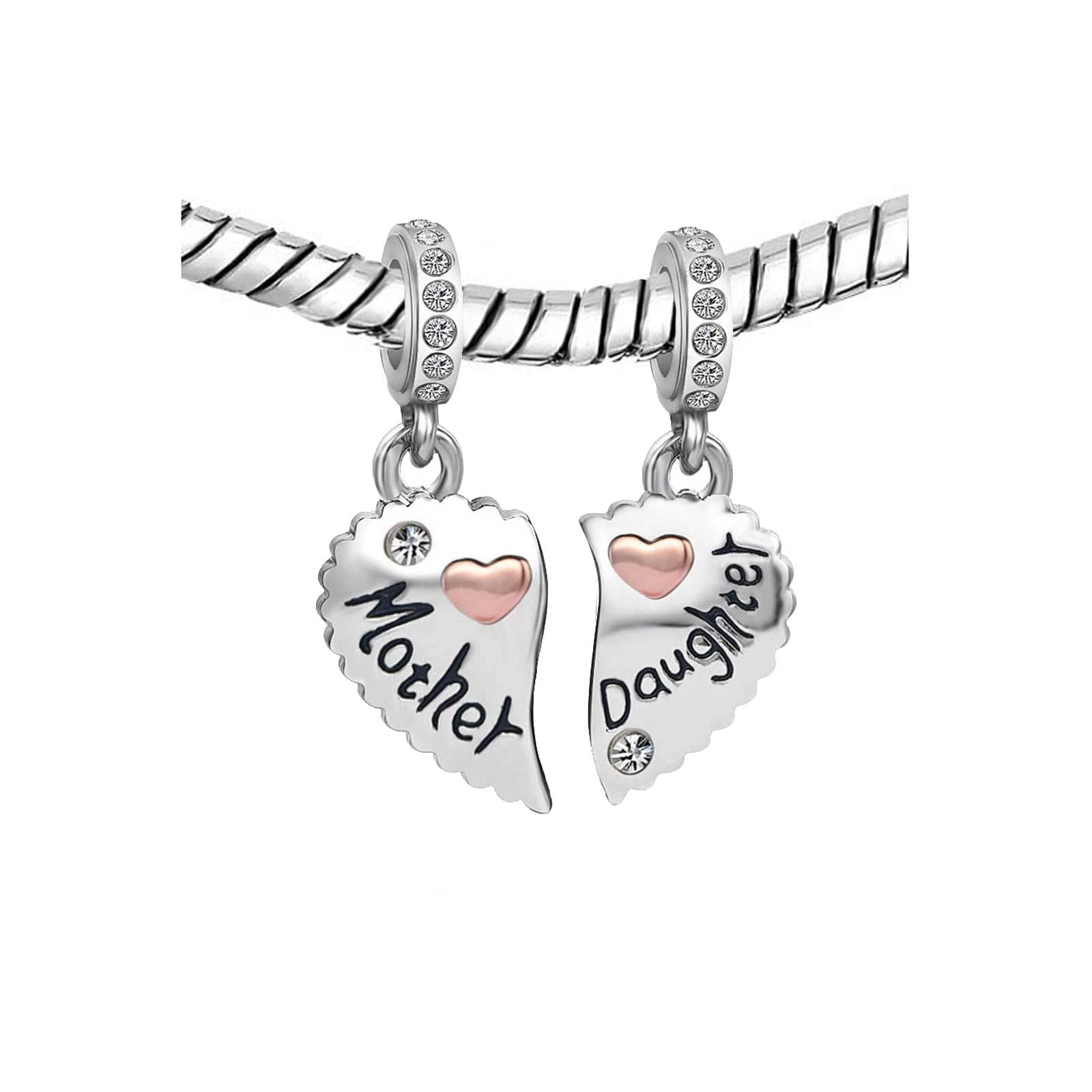 KunBead Heart Love Mother and Daughter Dangle Charms for Bracelets Birthday Gift for Mom for Women