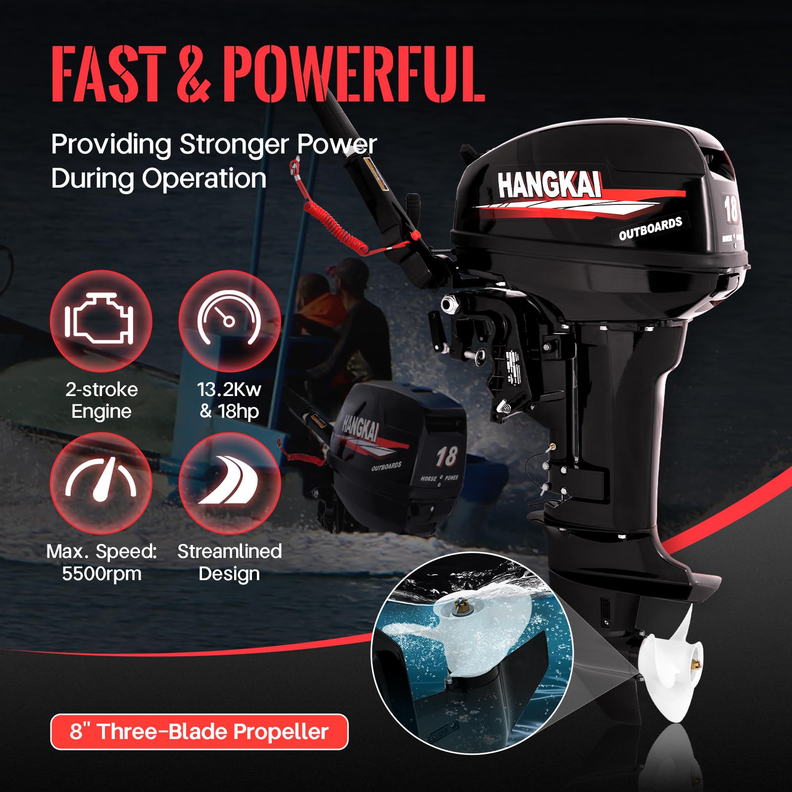 18HP Outboard Motors 2 Stroke Water-Cooled Short Shaft Outboard Boat Motor,246CC Heavy Duty Boat Motor Fishing Boat Kayak Engine with CDI Air Cooling System